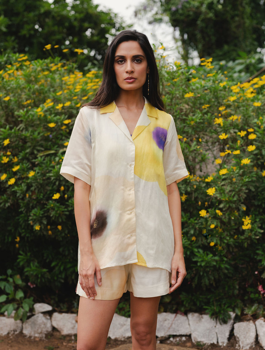 Camellia Floral Shirt - Relaxed Fit, Embroidered Linen-Viscose Layer ...