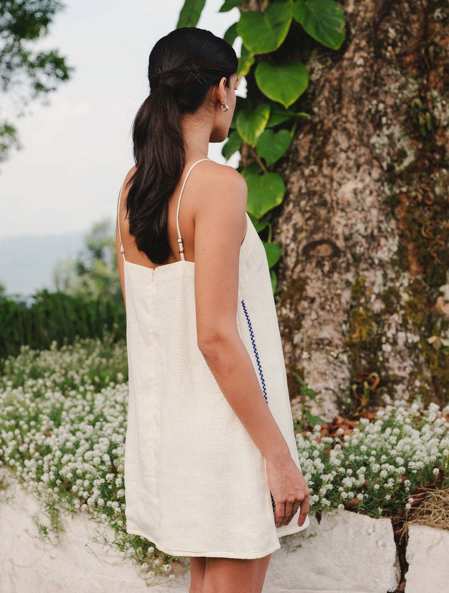 Pala White Linen Dress - Spaghetti Strap Shift with Blue Hand ...