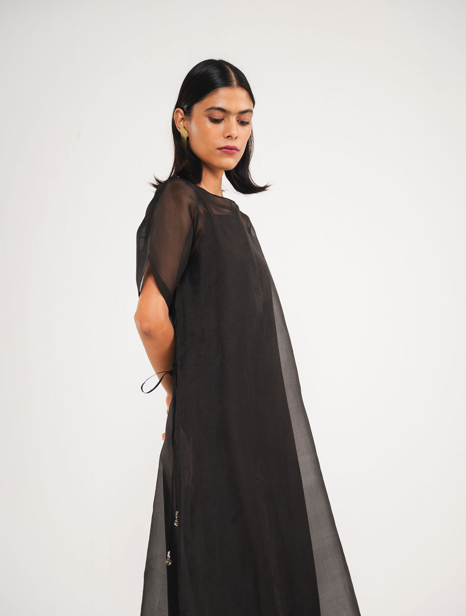Zenith Black Organza Dress - A-Line Sheer Overlay with Boat Neck & Slip ...