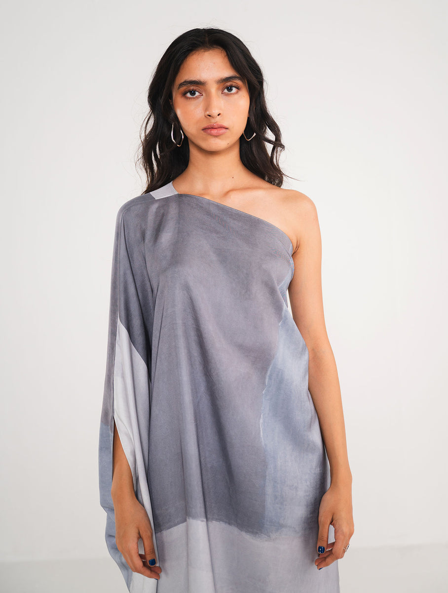 Ash Off-Shoulder Dress - One-Shoulder Kaftan in Abstract Grey Print ...