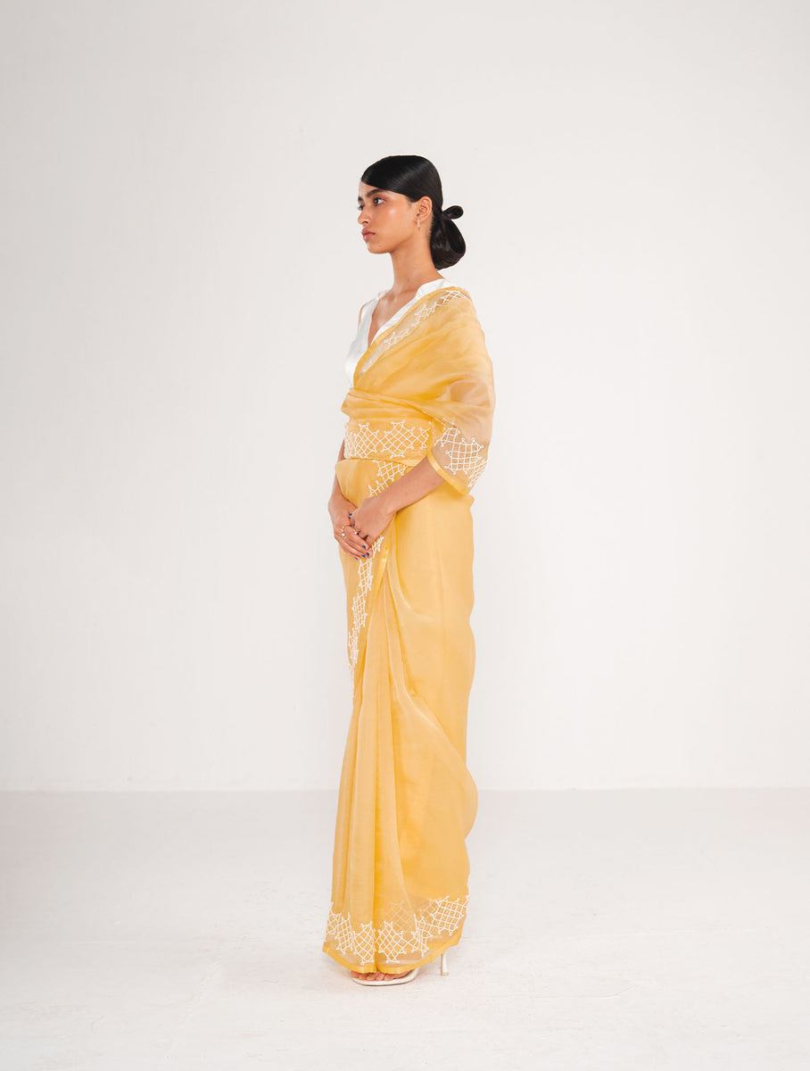 Sky Fire Organza Saree - Sunshine Yellow with Kolam-Inspired Bead ...